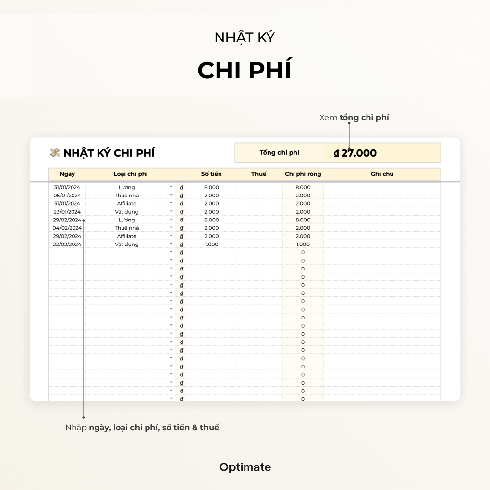 Sổ sách kế toán dành cho doanh nghiệp nhỏ – Spreadsheet Template : Optimate